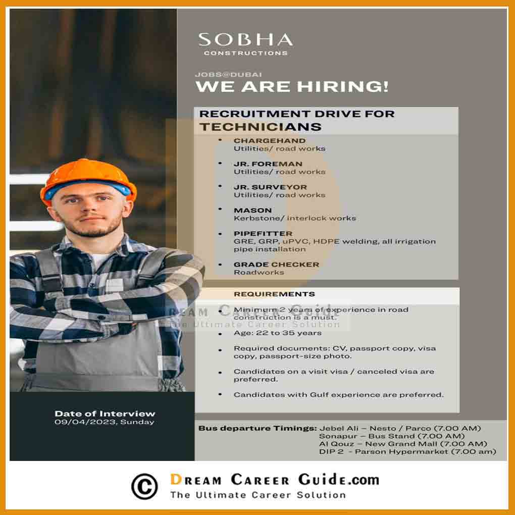 Sobha Construction Dubai Walk in Interview Latest Jobs 2023