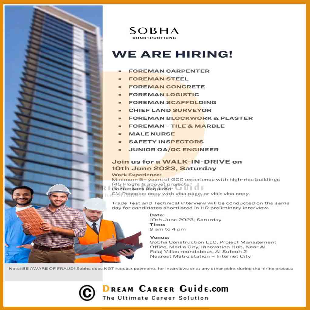 Sobha Construction Dubai Walk-In Interview Latest Jobs 2023